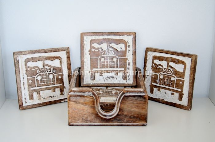 Set of 6 Wooden Coasters with Storage Box Land Rover Front End Design
