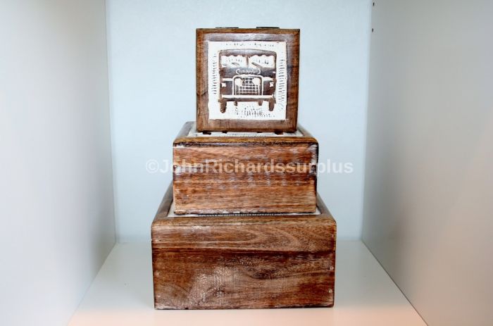 Set of 3 Wooden Storage Boxes with Land Rover Front View Design on lid