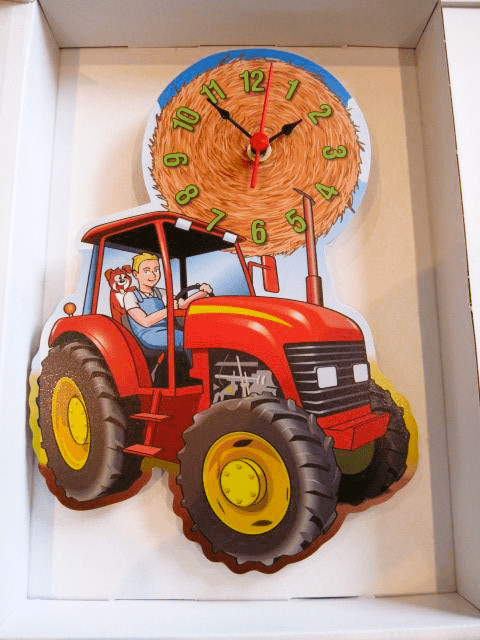 Larkrise Hand Made Wooden Clock, Tractors or Digger.