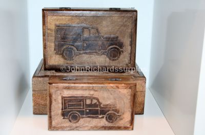 Set of 3 Wooden Storage Boxes with Land Rover Front View Design on lid